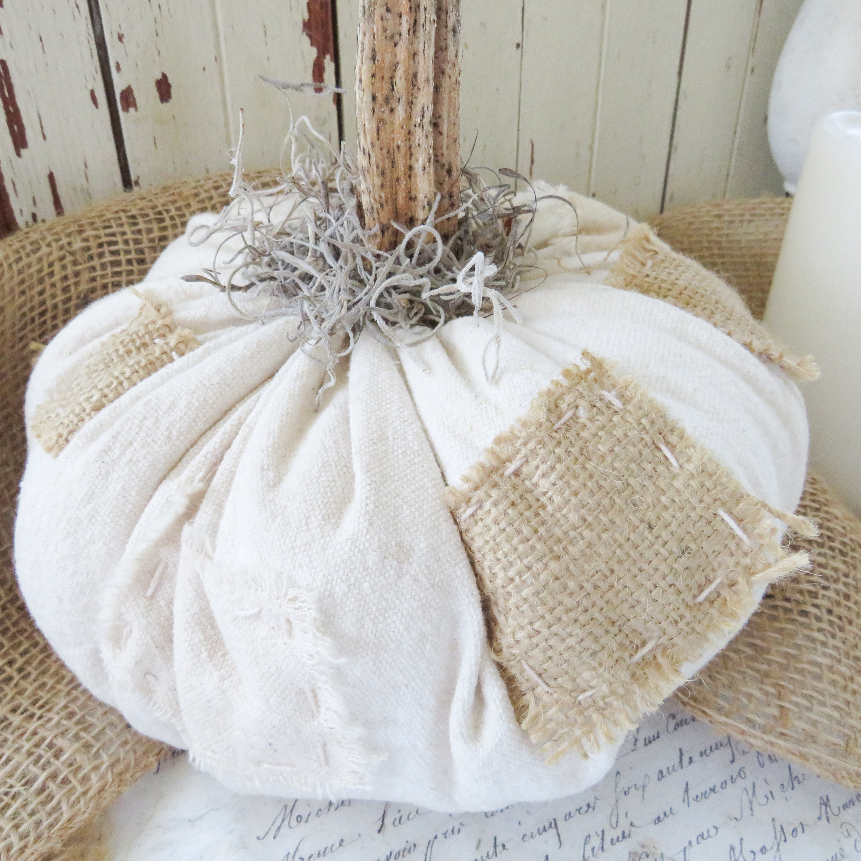 Fall Pumpkin White Fabric Decor. Vintage Muslin With Burlap and Linen ...