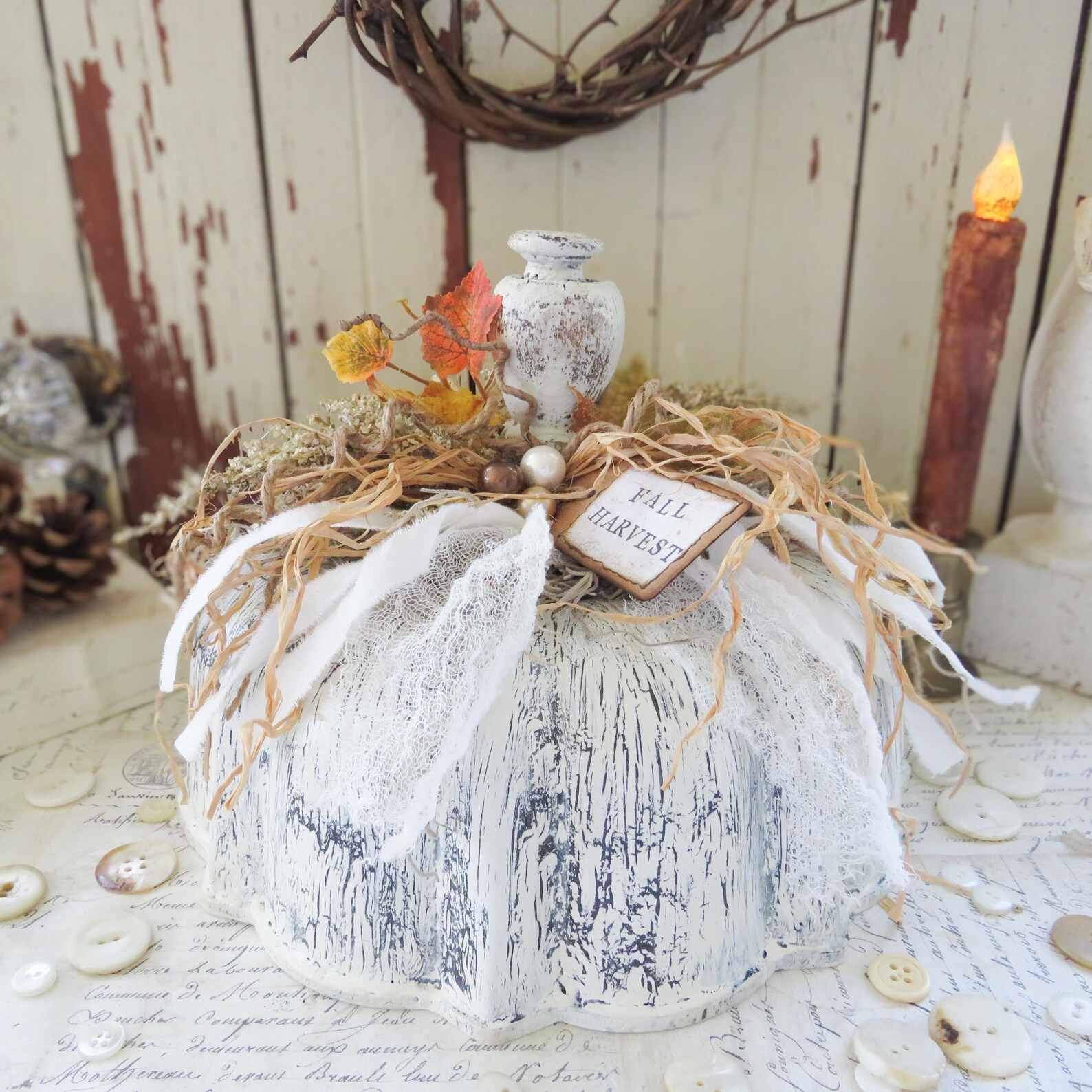 Pumpkin Fall Farmhouse Decor Repurposed Vintage Bundt Pan With Chippy ...