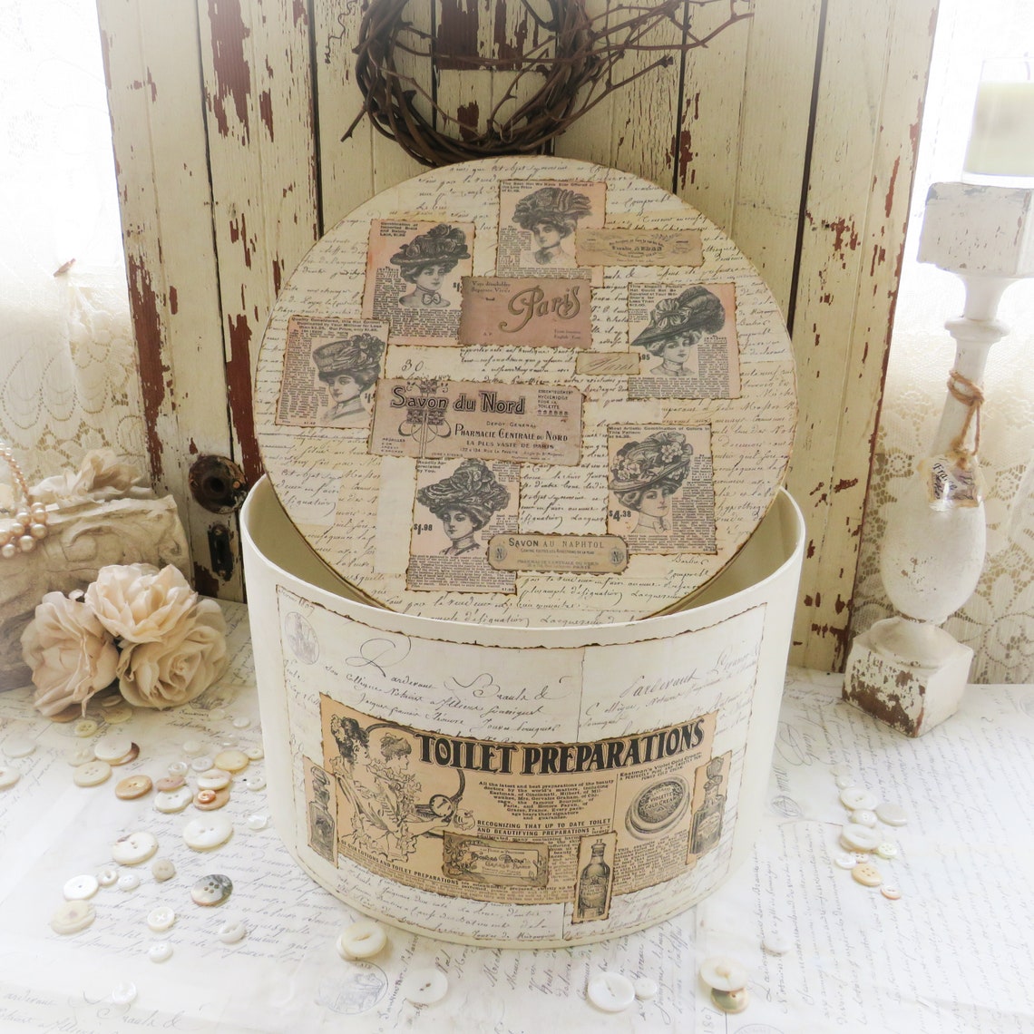 French Round Hat Box Large Vintage Style Paris Inspired Decoupaged ...