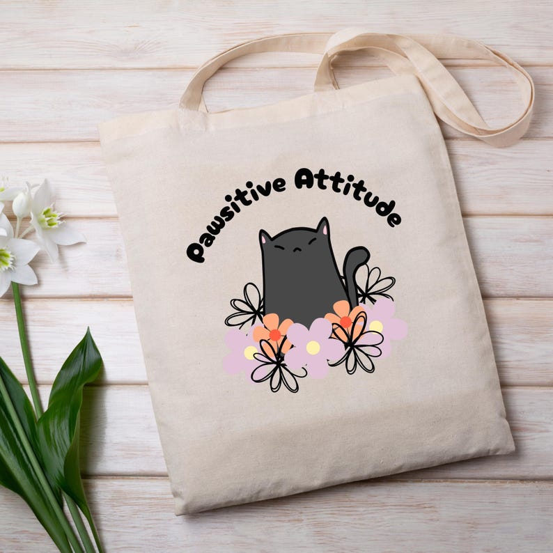 Cute Cat Tote Bag | Pawsitive Attitude | Eco-friendly Shopping Bag ...
