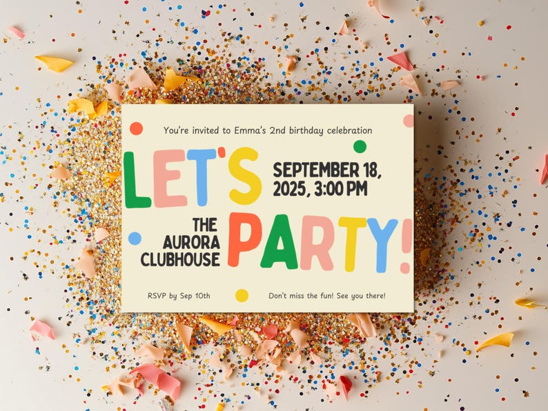 Kids Birthday Party Invitation Editable Canva Template Confetti ...