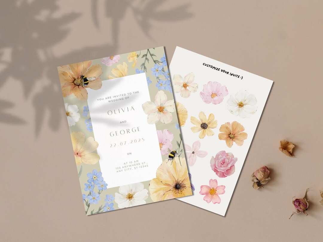 Pressed Flower Wedding Invitation: Editable Watercolor Floral (digital ...