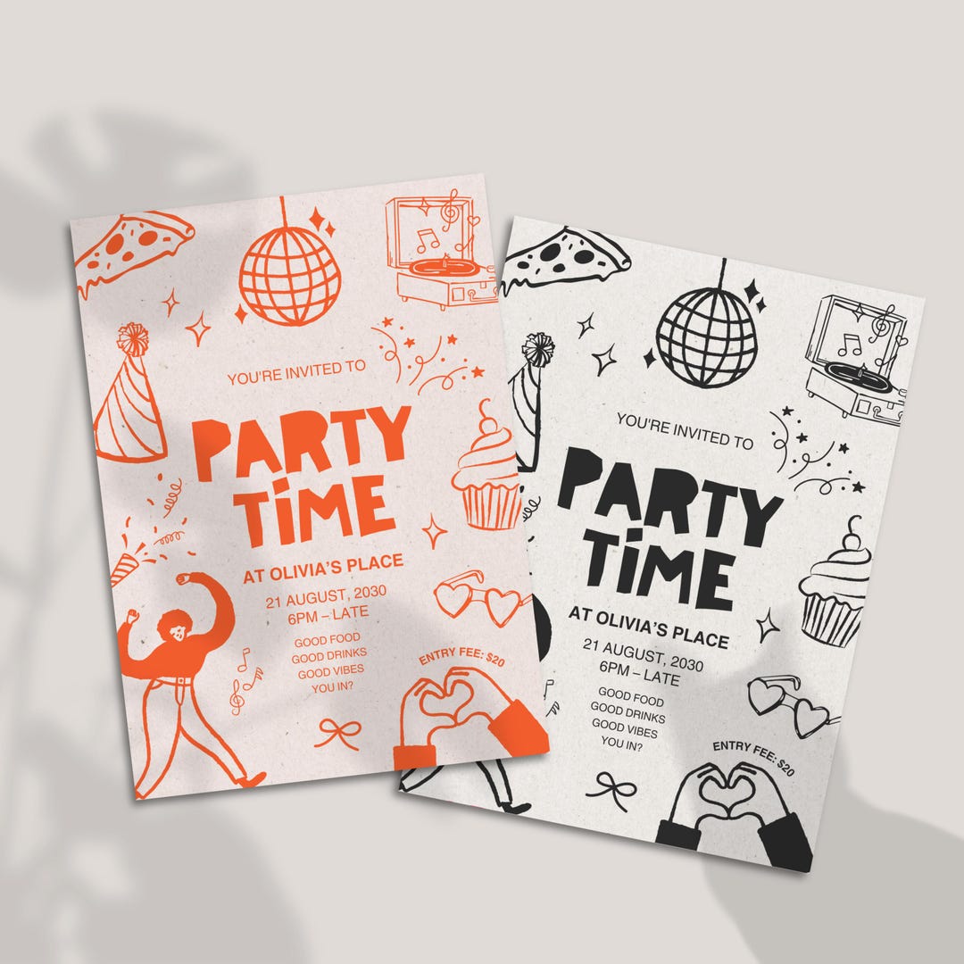 Cute Illustrated Doodles Dinner Party Time Invitation Template Hand ...