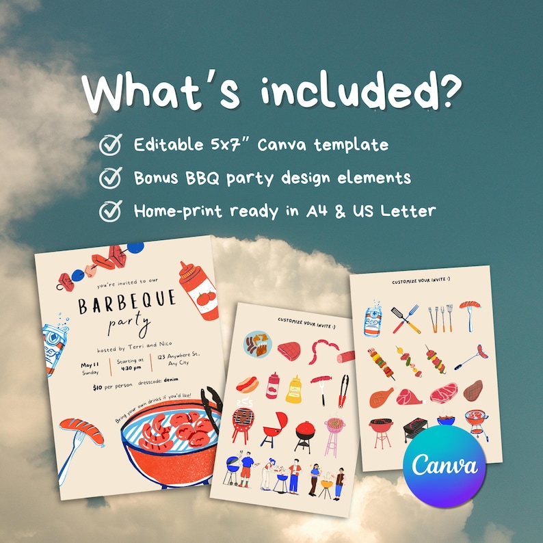 Fun Food Sketch BBQ Party Invitation: Editable Canva Template (digital ...