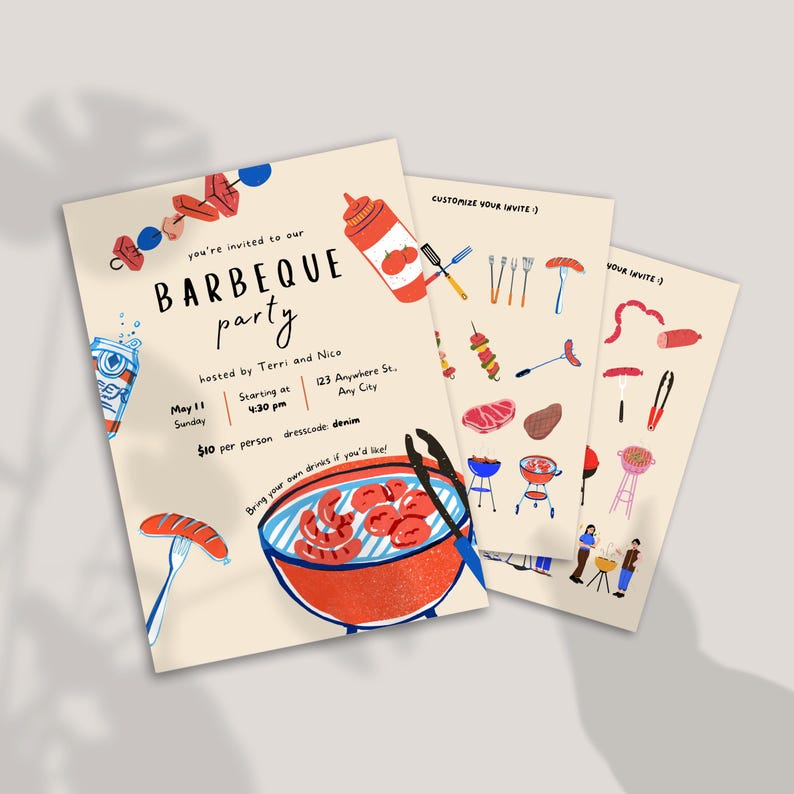 Fun Food Sketch BBQ Party Invitation: Editable Canva Template (digital ...