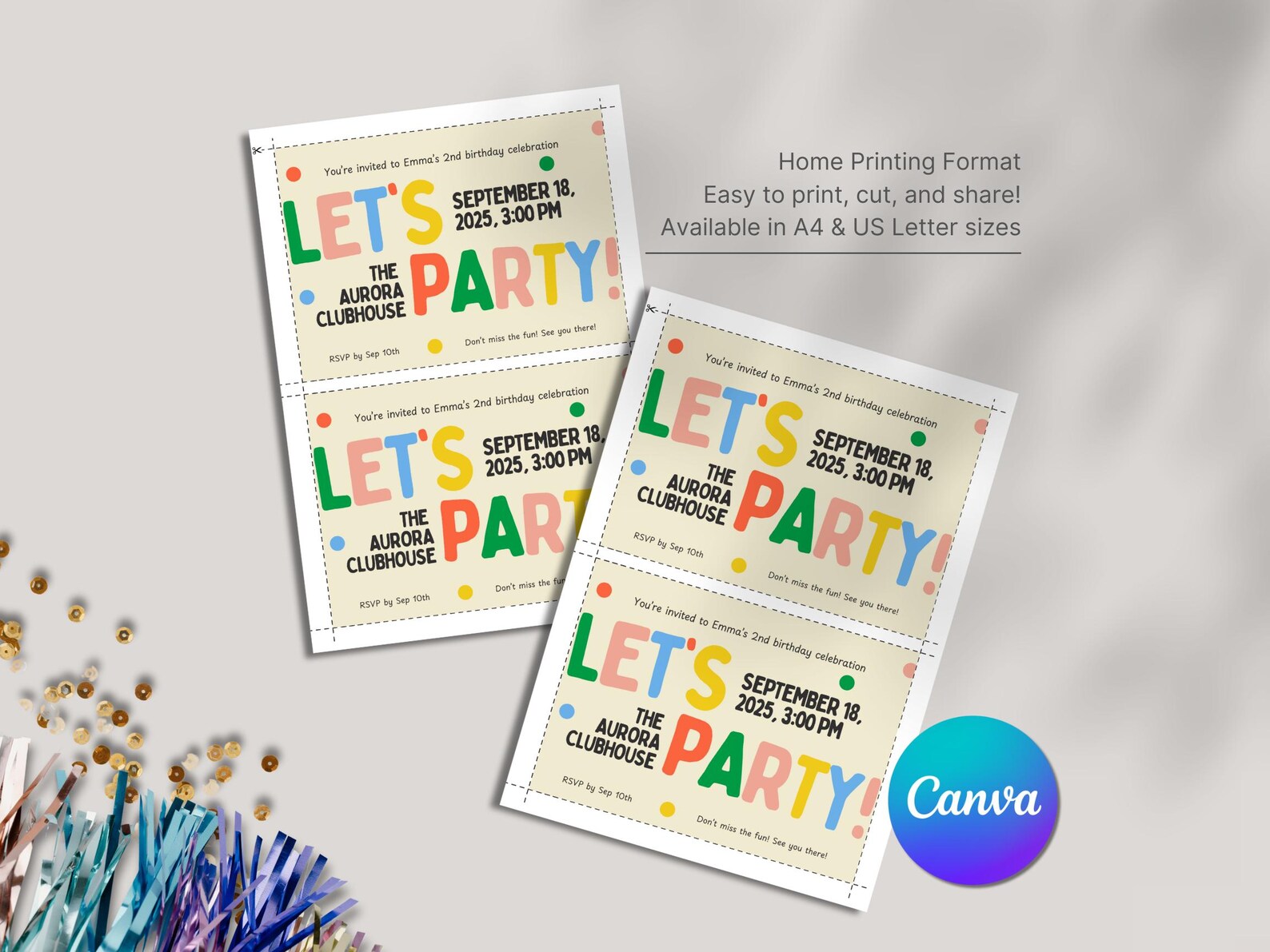 Kids Birthday Party Invitation Editable Canva Template Confetti ...