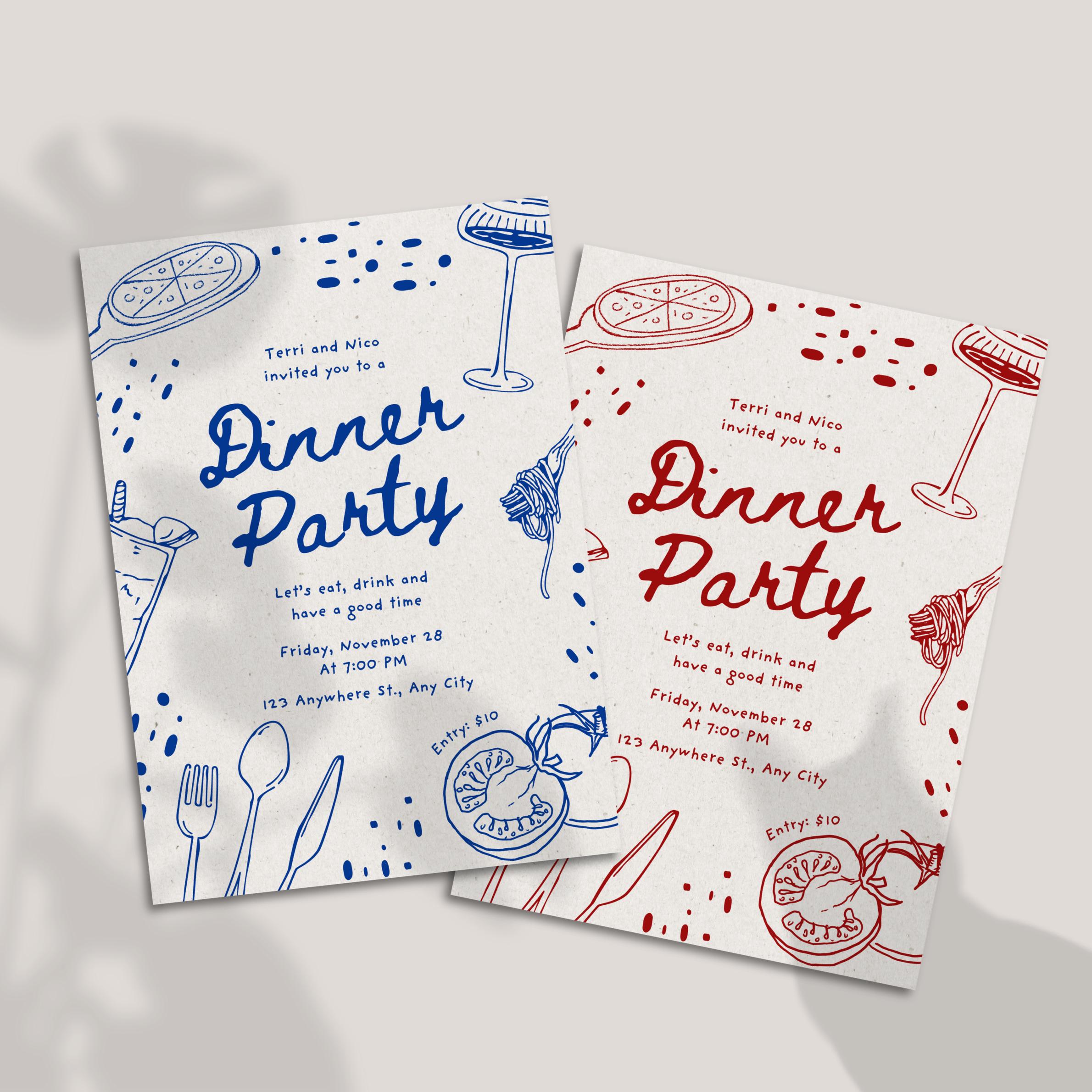 Retro Dinner Party Invitation: Hand-drawn, Editable Canva Template ...