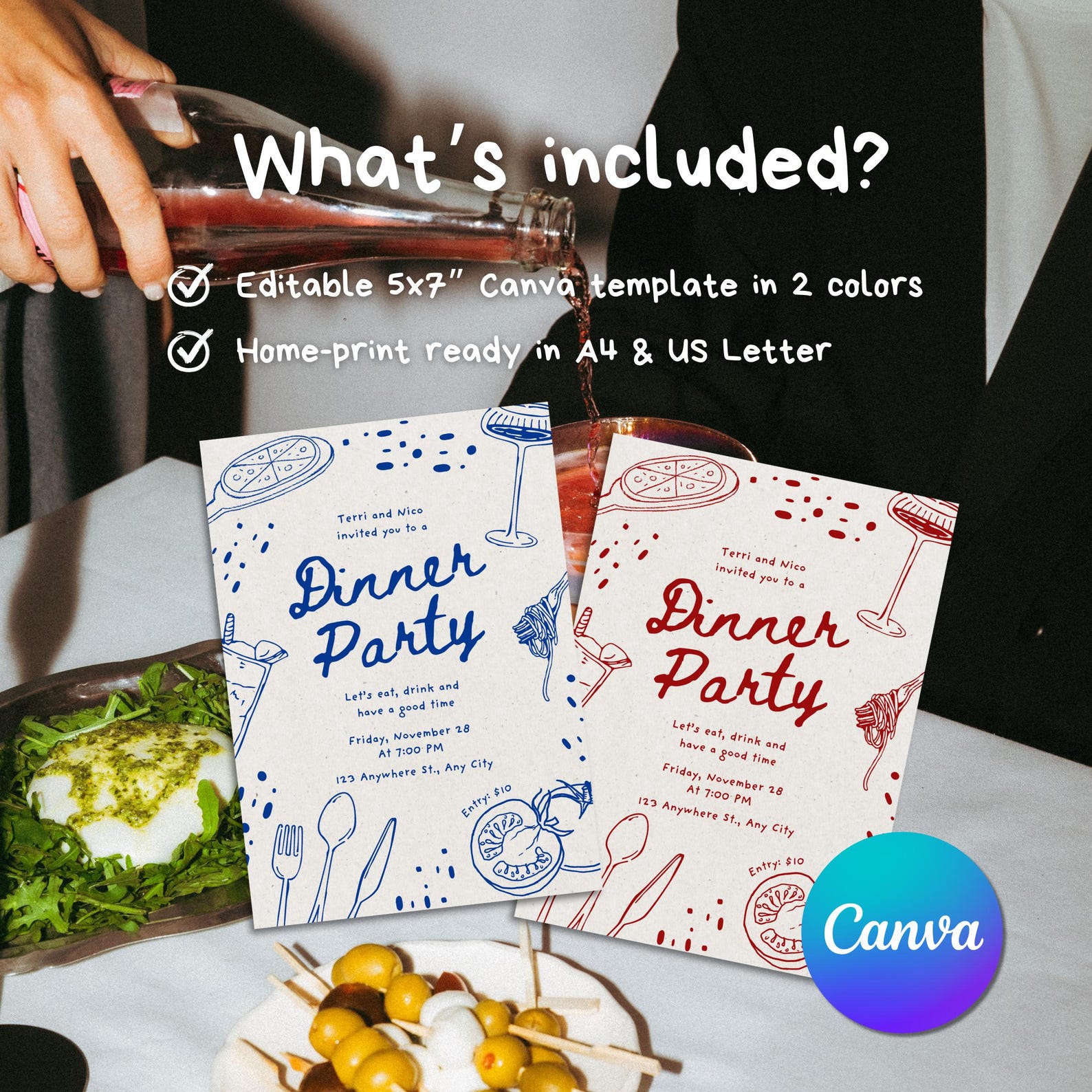 Retro Dinner Party Invitation: Hand-drawn, Editable Canva Template ...