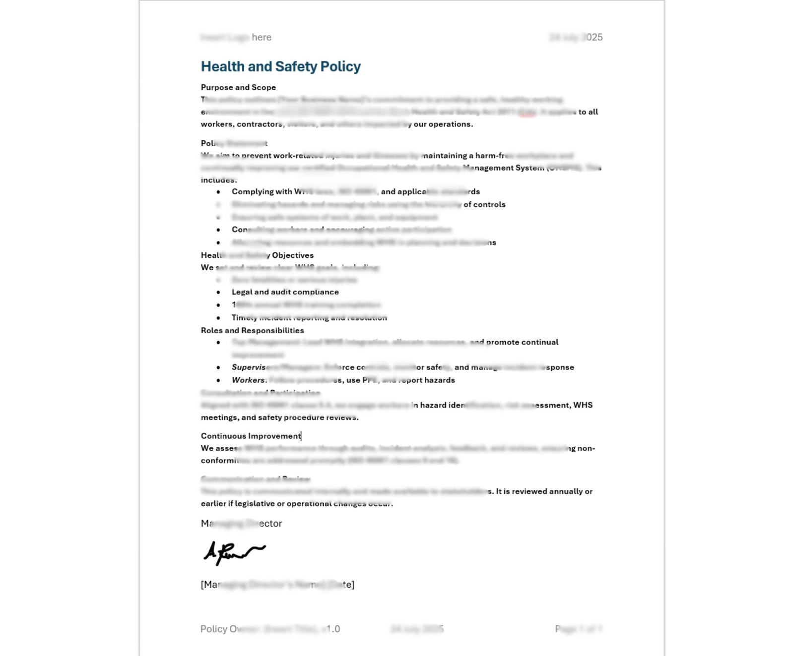 Editable Health and Safety Policy Template: ISO 45001 Compliant (word ...