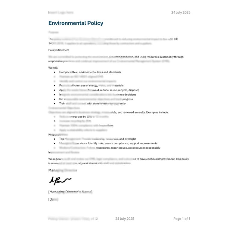 Editable Environmental Policy Template | Word Doc | ISO 14001 Compliant ...