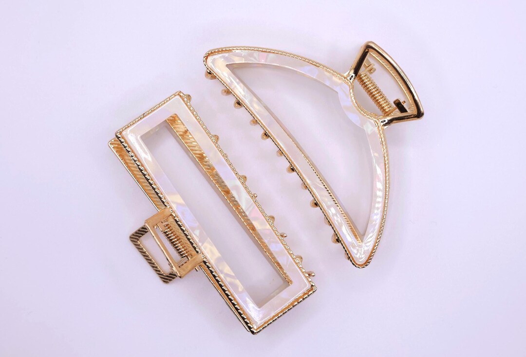 Medium Hair Claw Clips for Women, Strong Hold White, Gold Hair Clips ...