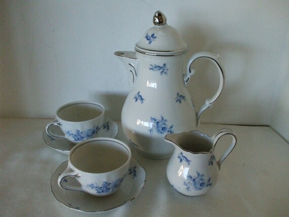 Bavarian Germany Tea Set Blue Rose Buds Silver Trim 6 - Etsy