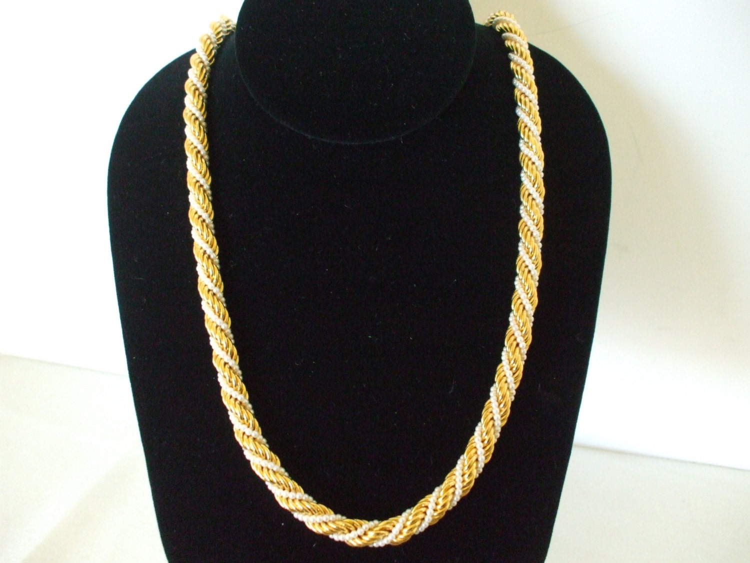 Gold & Faux Pearls Rope Necklace - Long - Twisted Swirl Chain - Vintage ...