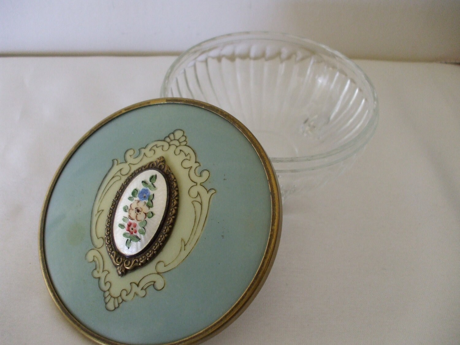 Powder Dish, Footed With Floral Copper Lid, Vanity Dish, Tricket Box ...