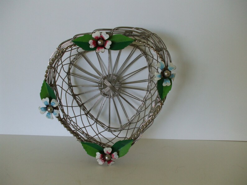 Silver Plate Heart Open Design Rope Wire Basket With Flowers and Leaves ...