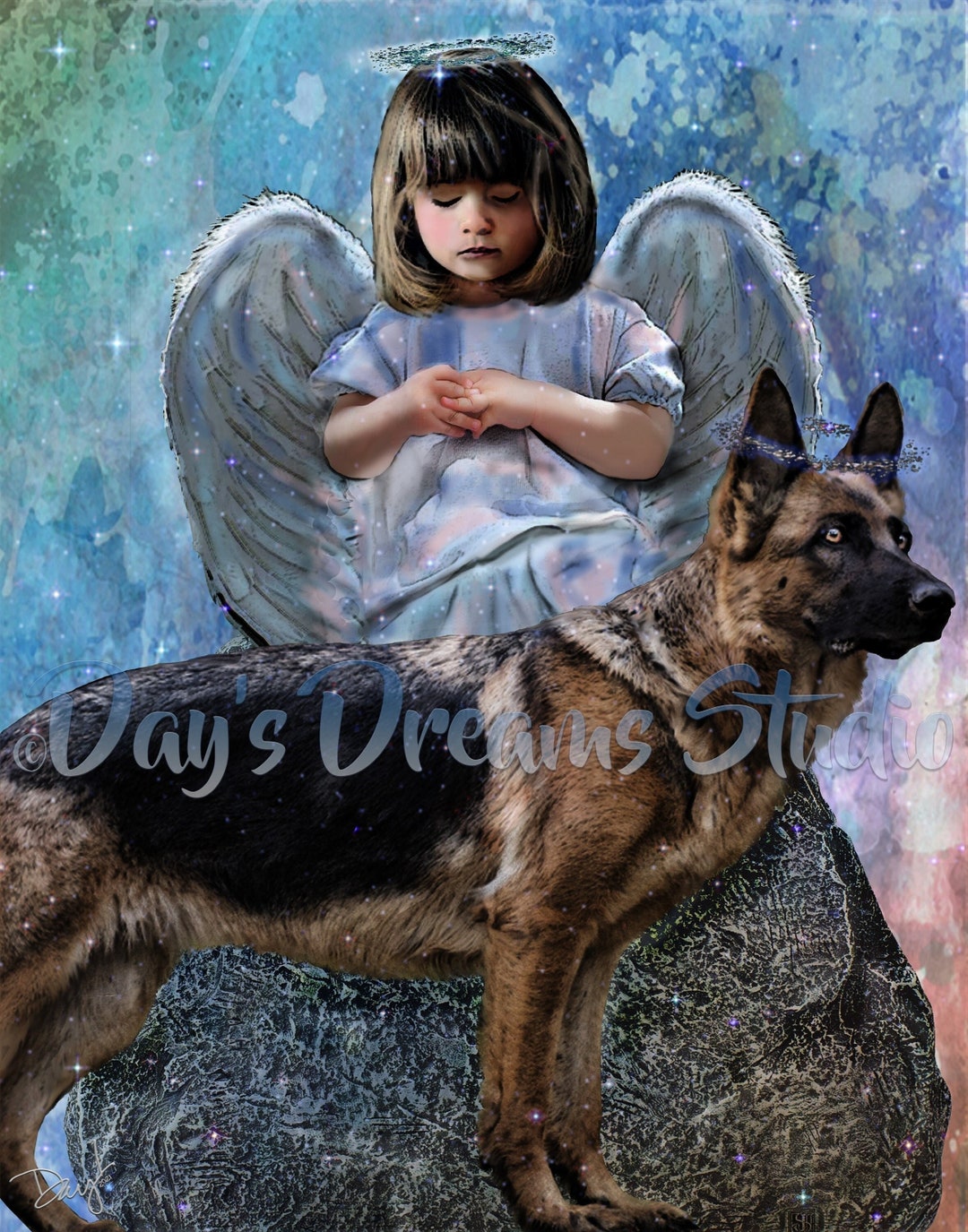 German Shepherd GSD With Cherub Angel Halo & Wings Pet Memorial Tribute ...