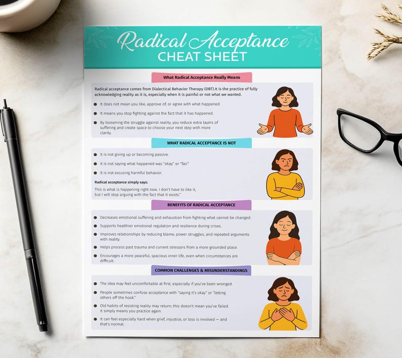 Radical Acceptance DBT Cheat Sheet, Coping & Mindfulness Guide ...