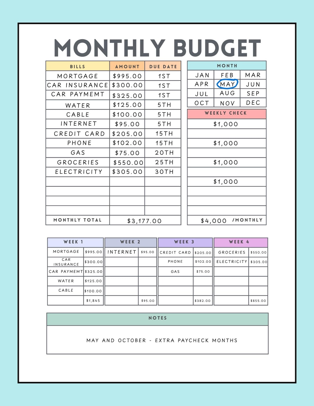 Monthly Income Printable Paycheck Budget Tracker Bullet Journal Weekly ...