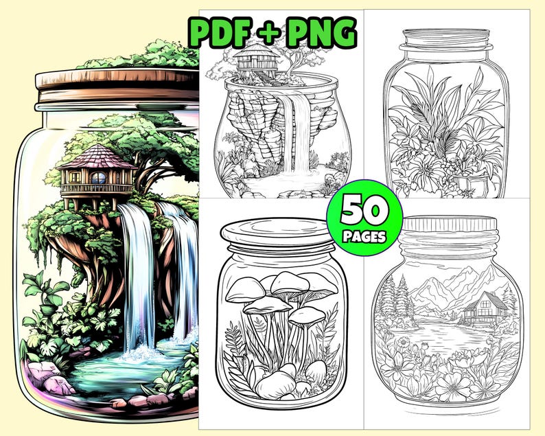 50 Jars Coloring Pages "nature Landscapes" – Color Jars With Flowers ...