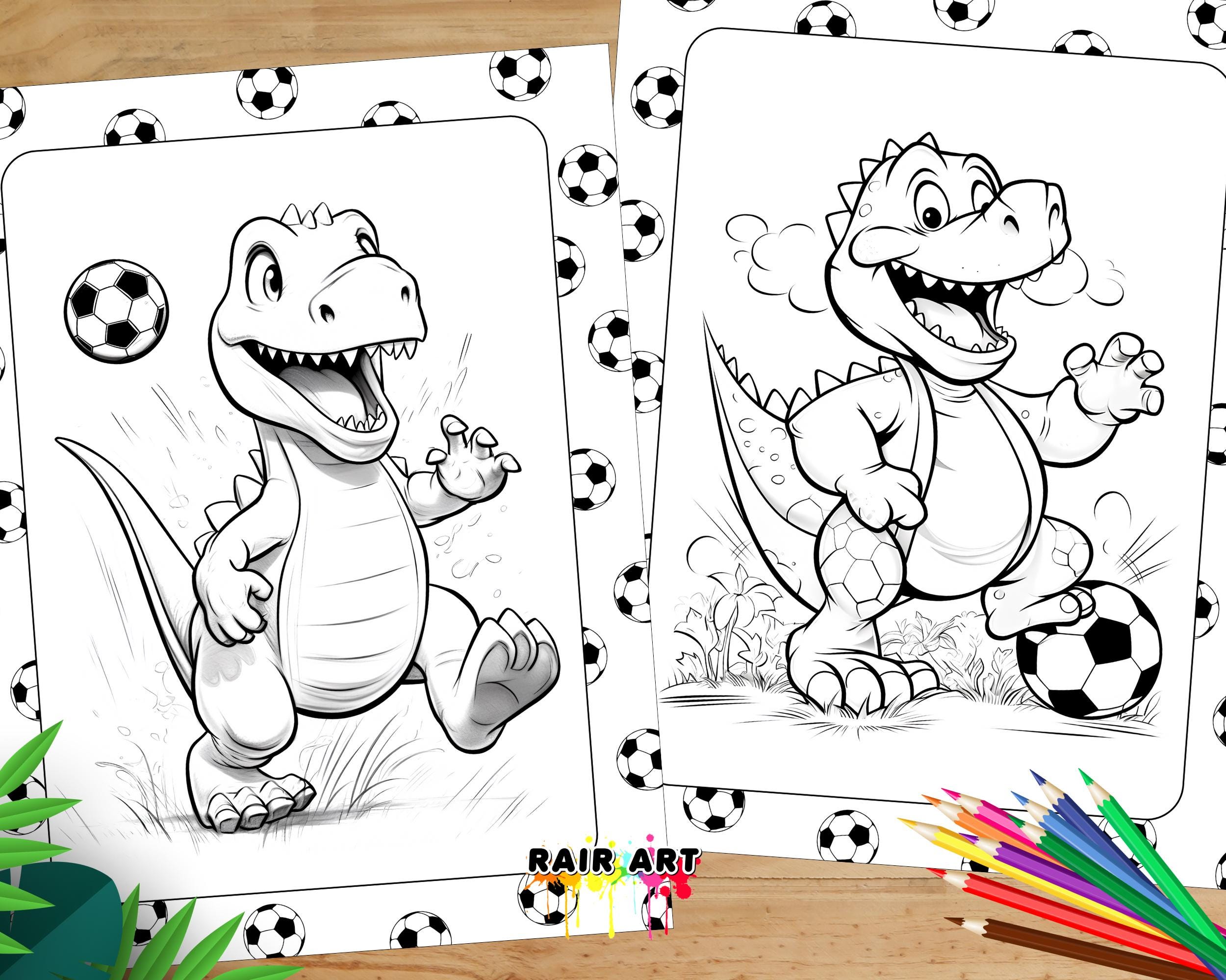 Dinosaur Coloring Book Playing Soccer | Printable PDF for Kids Ages 4-8 ...