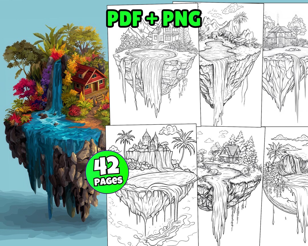 Floating Islands to Color With Fantastic Landscapes – 42 PDF Pages With ...