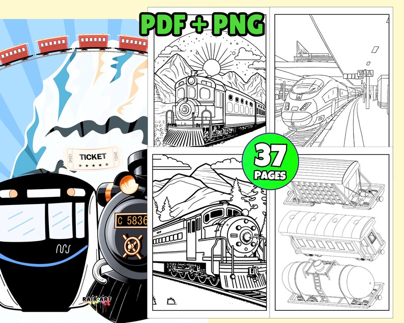 Trains Coloring Book | 37 Pages of Trains, Railroads and Locomotives ...