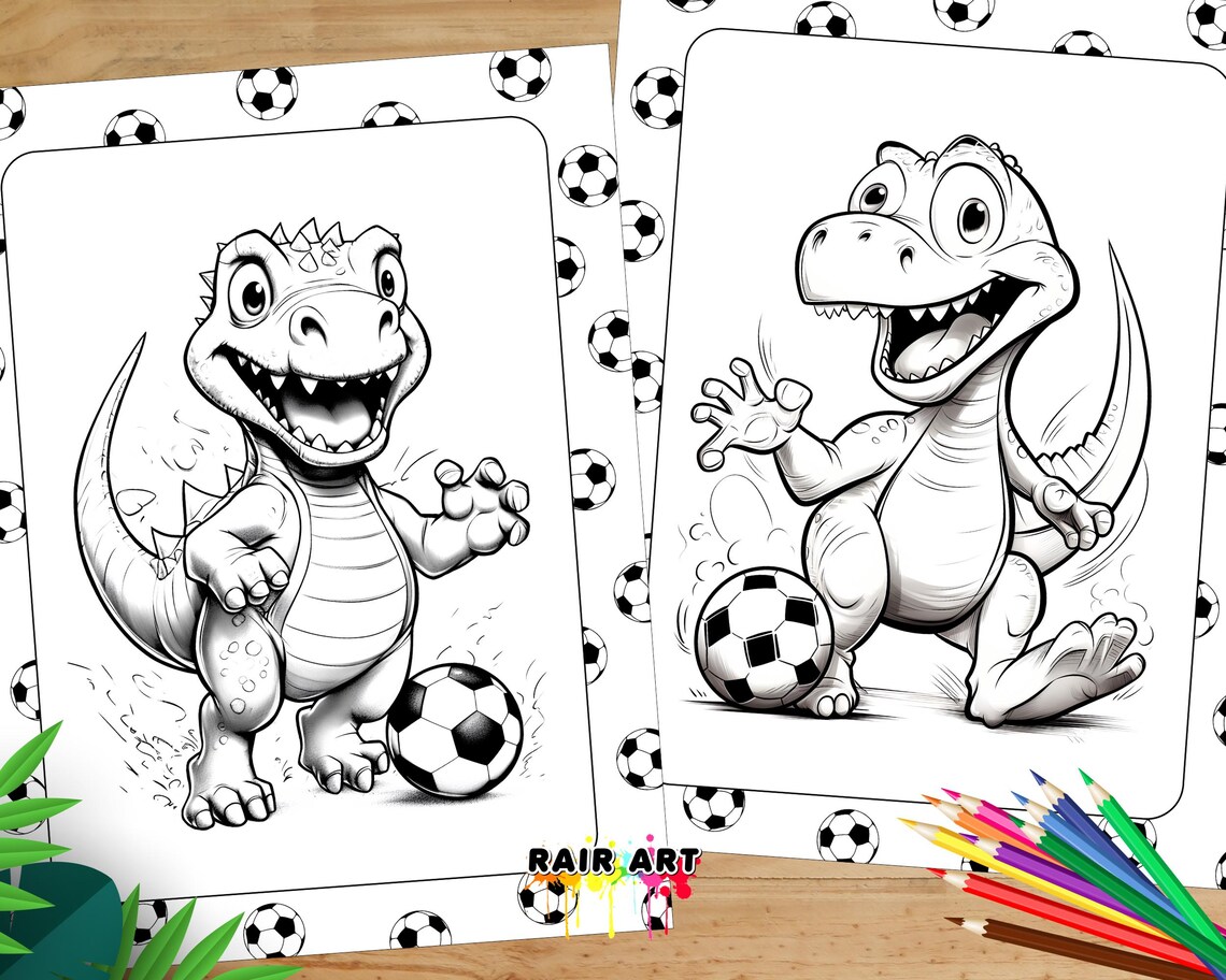 Dinosaur Coloring Book Playing Soccer | Printable PDF for Kids Ages 4-8 ...