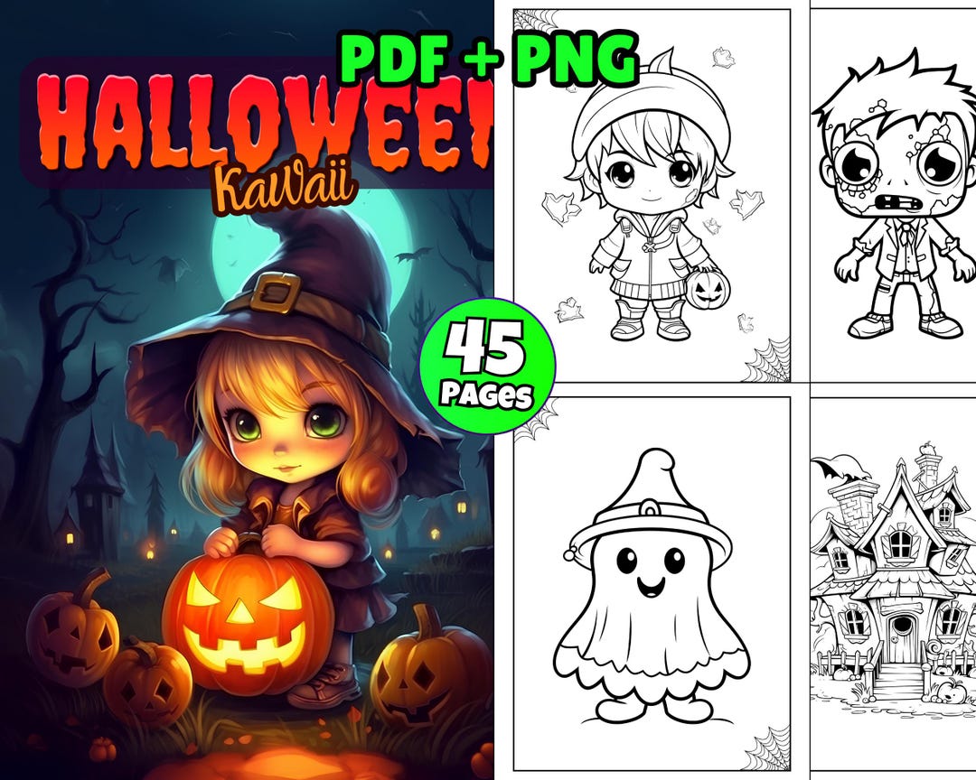 Halloween Kawaii – 45 Coloring Pages for Kids PDF | Fun Pages With ...