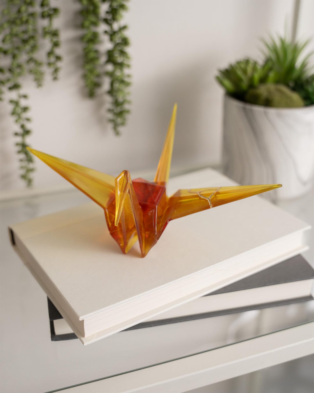 Kintsugi Origami Crane: Handmade Resin Amber Decor - Etsy