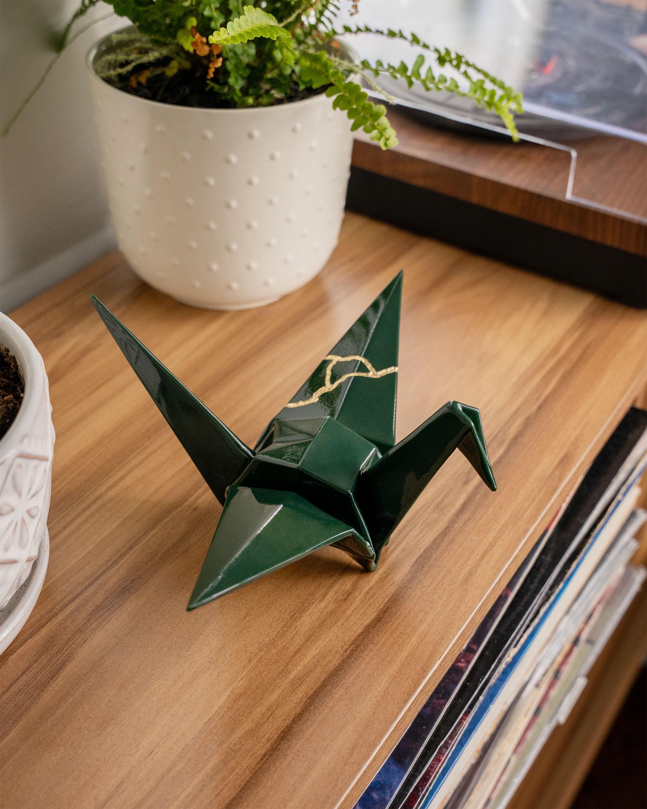 Kintsugi Origami Crane: Handmade Resin Forest Green Decor - Etsy