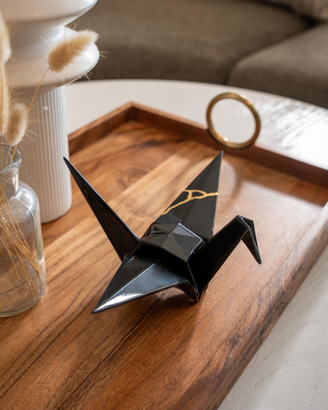 Kintsugi Origami Crane: Handmade Resin Charcoal Sculpture - Etsy