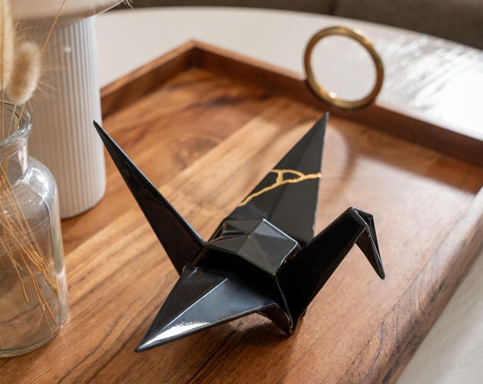 Kintsugi Origami Crane: Handmade Resin Charcoal Sculpture - Etsy