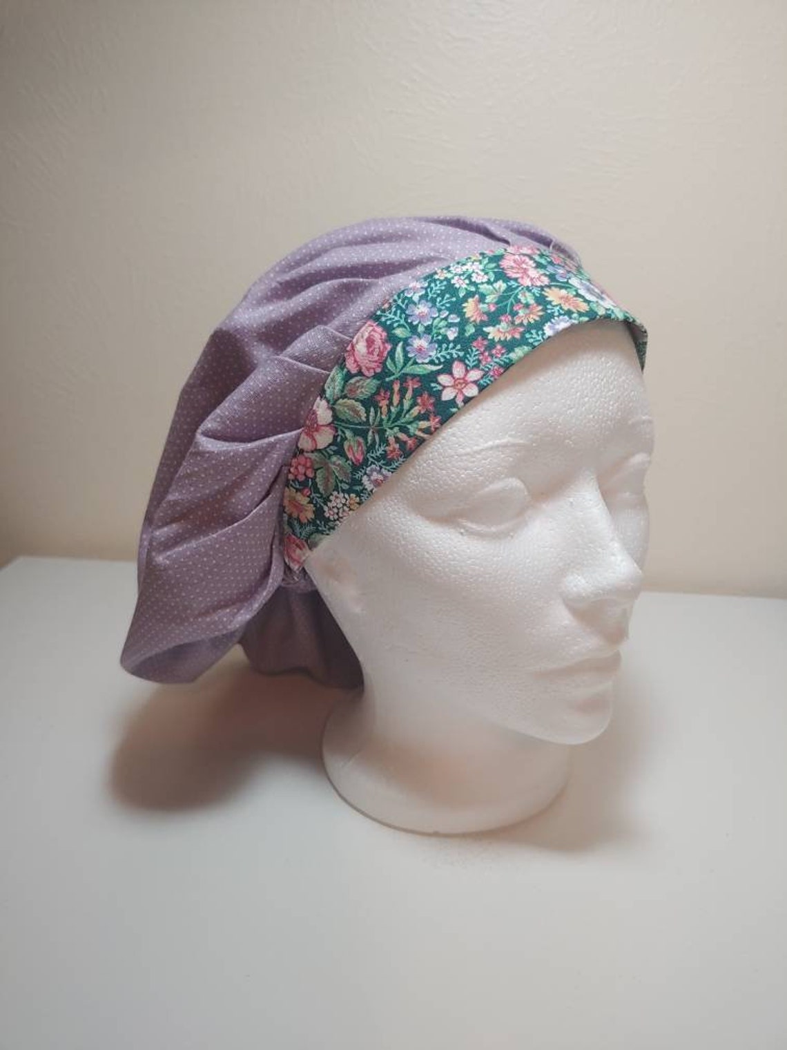Bouffant Surgical Cap With Buttons - Purple Dots W/flowers Elastic - Etsy