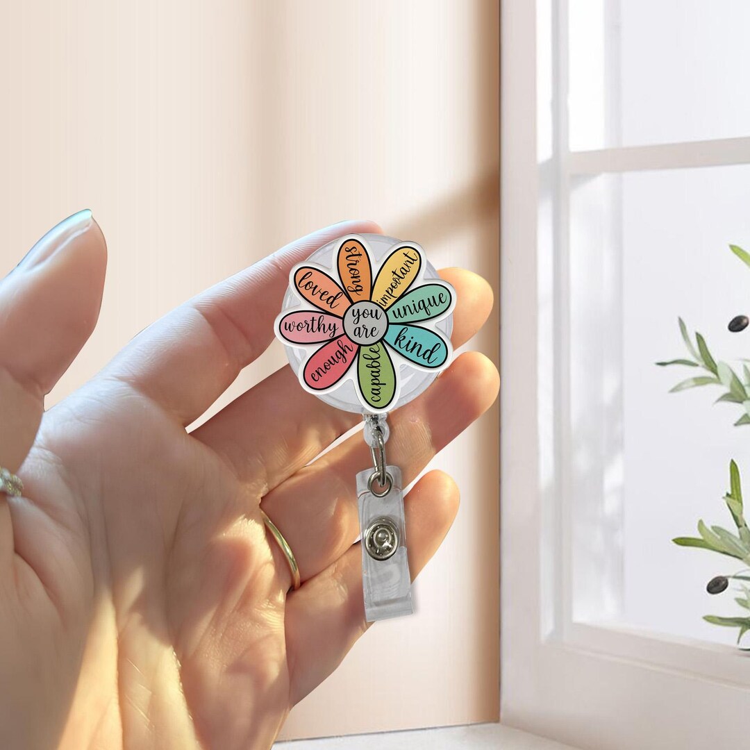 Positive Affirmation Flower Badge Reel - Motivational ID Holder for ...