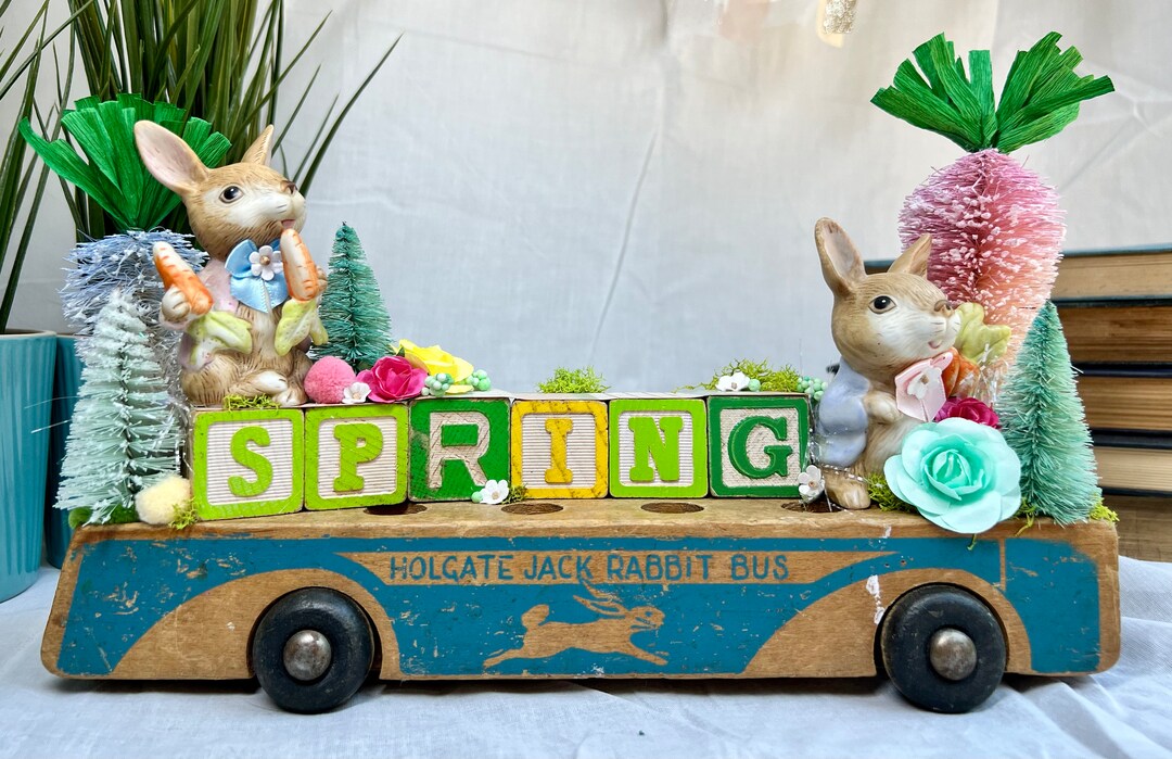 Vintage Spring Jack Rabbit Bus With Porcelain Rabbits and Wooden Blocks ...