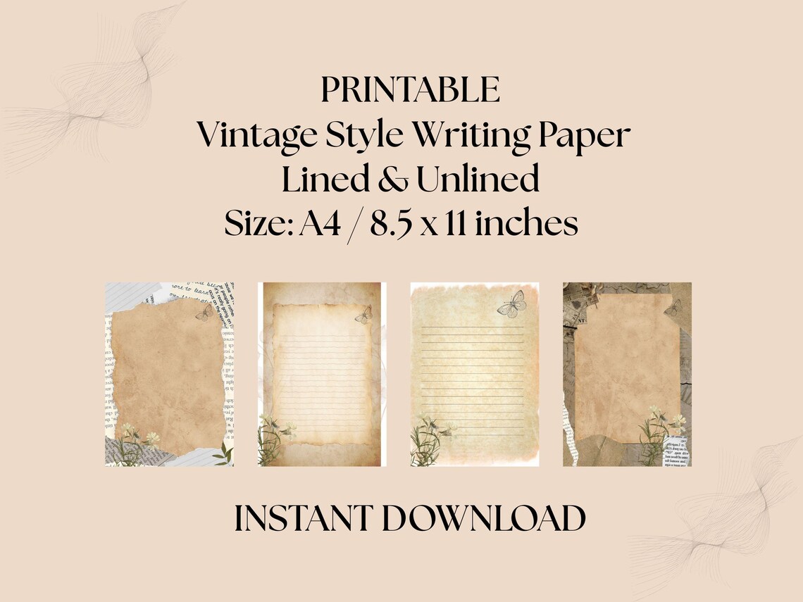 Vintage Writing Paper: A4 Lined & Blank Printable Sheets (PDF Download ...