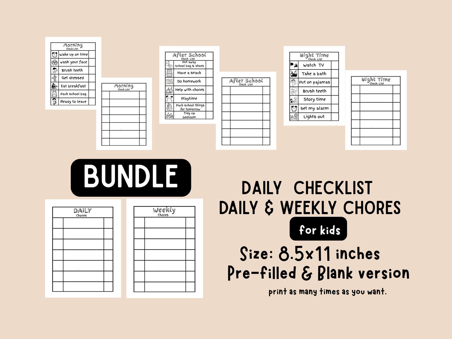 Kids Chore Chart Bundle: Daily & Weekly Checklist (PDF Printable) - Etsy