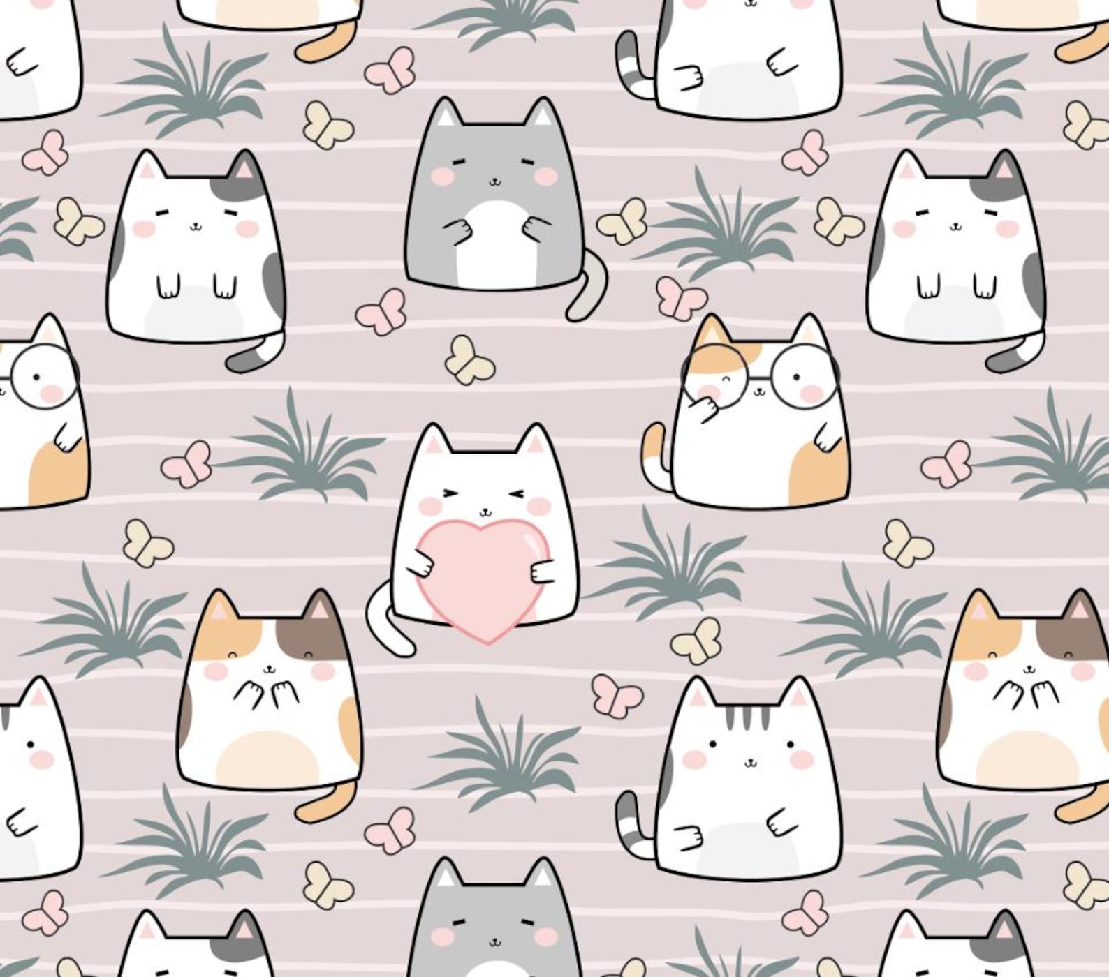 Cute Cat With Heart Pattern Cats Cartoon Kawaii Cats Pattern Cotton ...