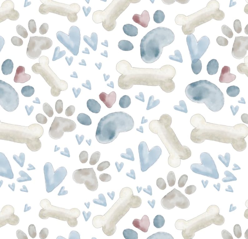 Watercolor Dog Paw Prints and Bones Pure Cotton Fabric - Soft Children ...