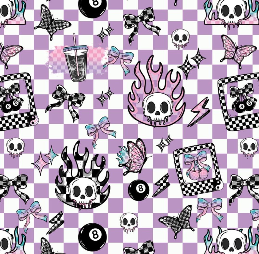 Retro Grid Skull With Bow Pattern Pure Cotton Fabric Cotton Fabric Sold ...