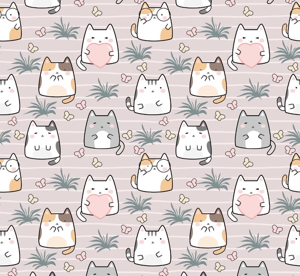 Cute Cat With Heart Pattern Cats Cartoon Kawaii Cats Pattern Cotton ...