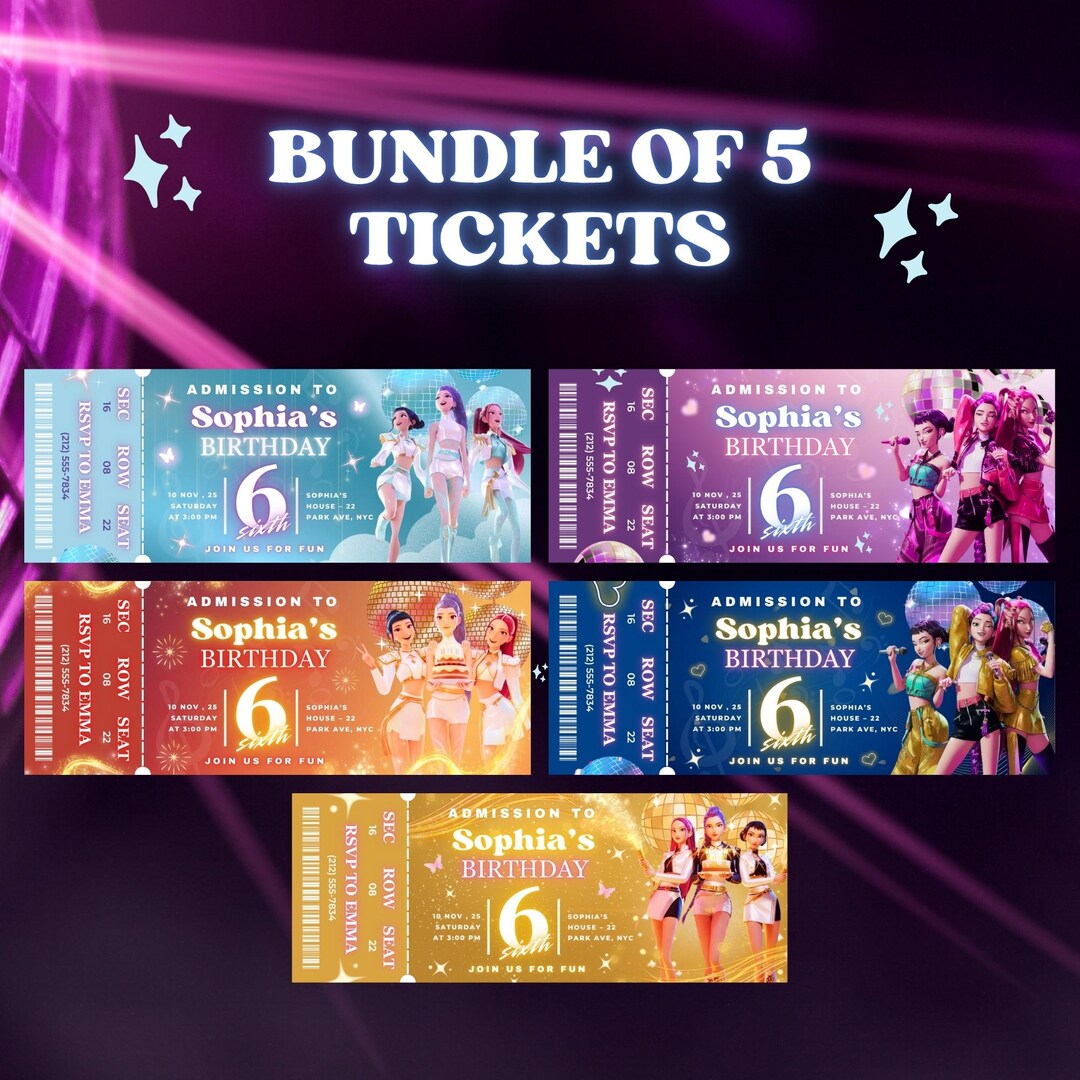 Kpop Demon Hunter Bundle of 5 Tickets Canva Birthday Ticket Invitation ...