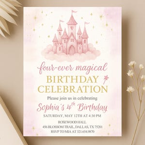 Four-ever Magical 4th Birthday Invitation, Editable Princess Castle ...