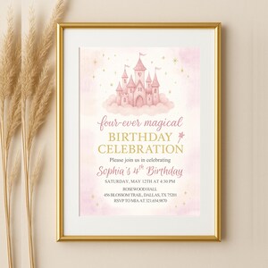 Four-ever Magical 4th Birthday Invitation, Editable Princess Castle ...
