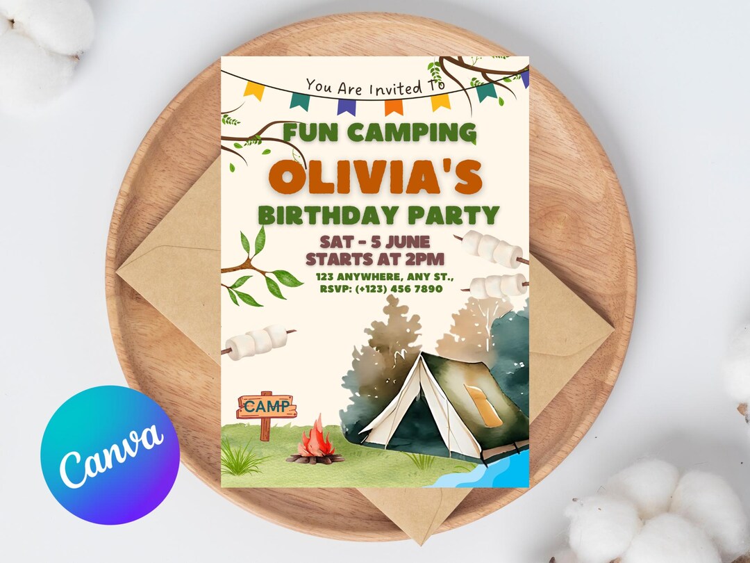 Editable Camping Birthday Invitation, Adventure Forest Camp Birthday ...