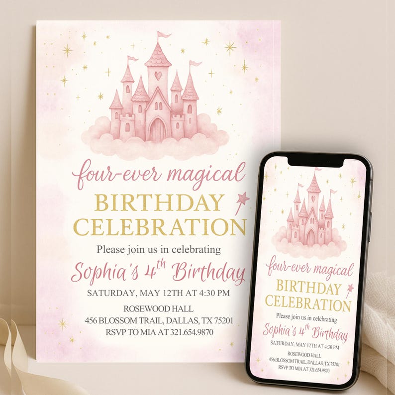 Four-ever Magical 4th Birthday Invitation, Editable Princess Castle ...