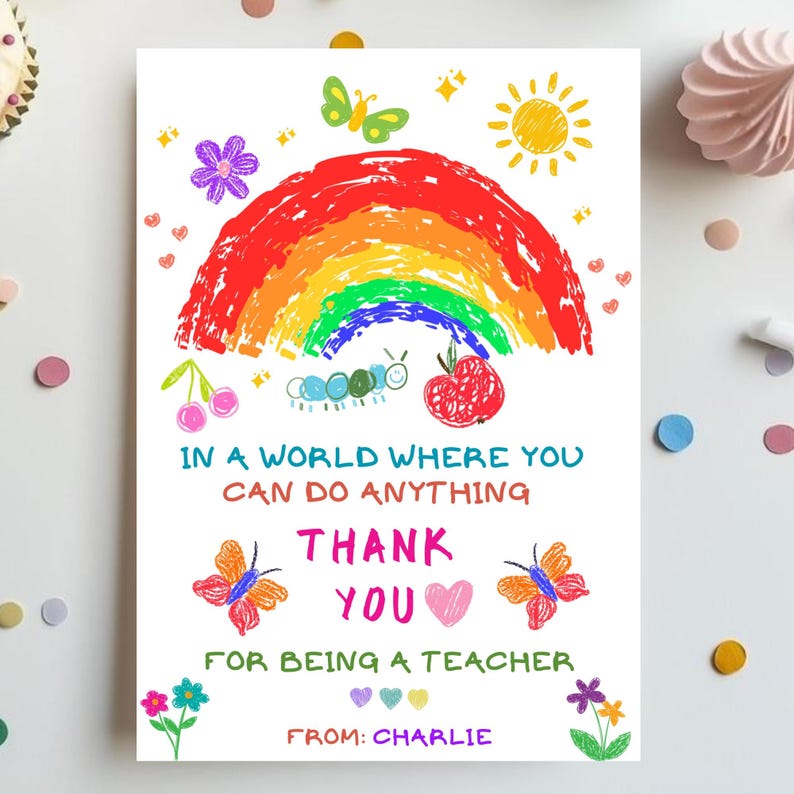 Editable Teacher Appreciation Printable Card, Rainbow Thank You Gift ...