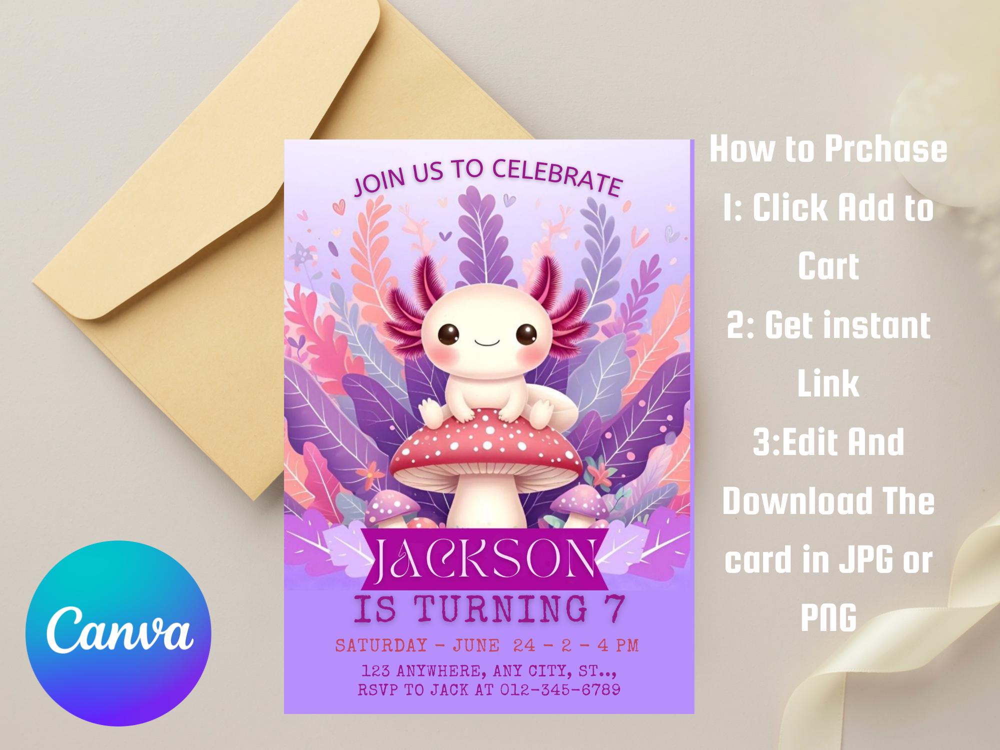 Axolotl Birthday Invitation, Pink Girl Axolotls Invite, Editable ...