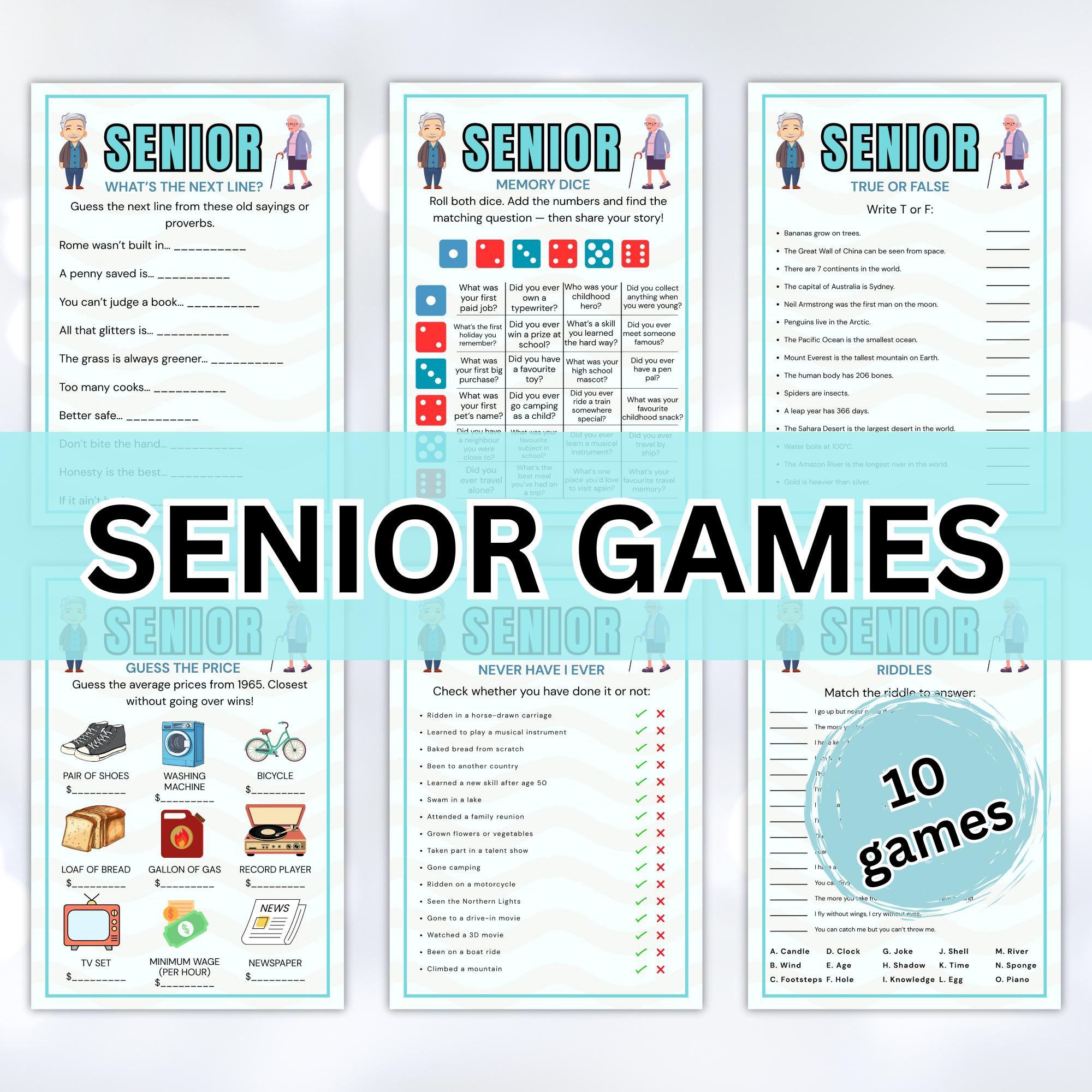 Senior Games Bundle Printable, Fun Brain Games for Seniors, Memory Dice ...