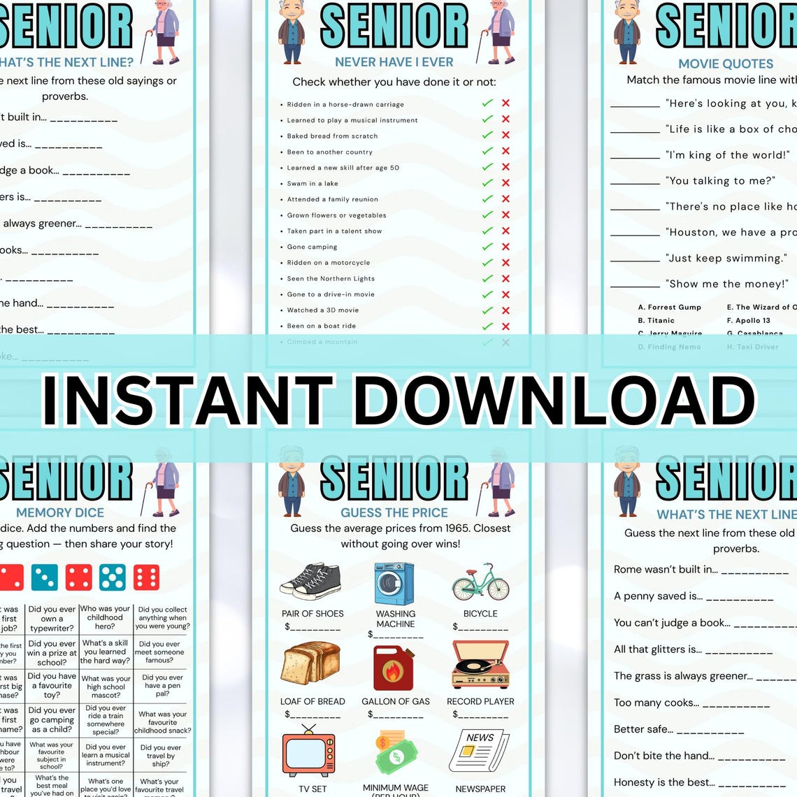 Senior Games Bundle Printable, Fun Brain Games for Seniors, Memory Dice ...